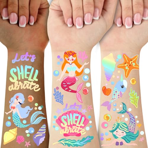 Mermaid Temporary Tattoo for Kids Under the Sea-76 Glitter Style Cute Fake Tattoo Dolphin Ocean Animals Waterproof for Girls Boys Body Face Tattoos Stickers Beach Art Birthday Party Favors Decorations