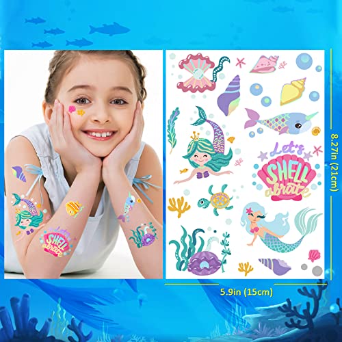 Mermaid Temporary Tattoo for Kids Under the Sea-76 Glitter Style Cute Fake Tattoo Dolphin Ocean Animals Waterproof for Girls Boys Body Face Tattoos Stickers Beach Art Birthday Party Favors Decorations