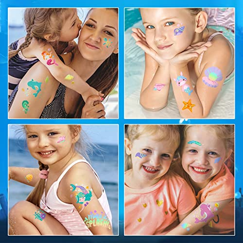 Mermaid Temporary Tattoo for Kids Under the Sea-76 Glitter Style Cute Fake Tattoo Dolphin Ocean Animals Waterproof for Girls Boys Body Face Tattoos Stickers Beach Art Birthday Party Favors Decorations