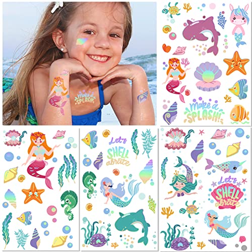 Mermaid Temporary Tattoo for Kids Under the Sea-76 Glitter Style Cute Fake Tattoo Dolphin Ocean Animals Waterproof for Girls Boys Body Face Tattoos Stickers Beach Art Birthday Party Favors Decorations