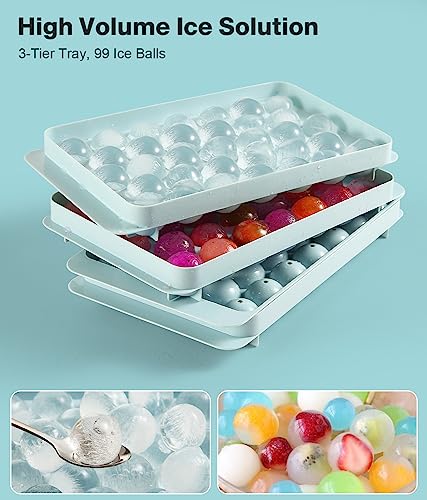 DclobTop Stackable Round Ice Cube Tray Set with Lid & Bin – Create 99PCS Round Ice Balls, Ice Trays for Freezer is Easy to Release & Sturdy– Small Pellet Ice Maker for Drinks, Coffee and Cocktails