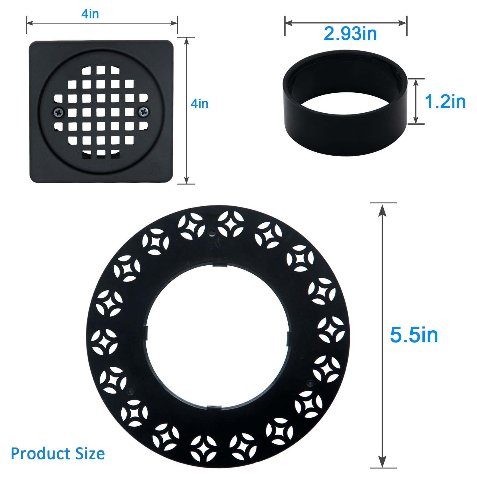 4 Inch Drain Grate Kit Compatible with Schluter Kerdi-Drain Flange Square Shower Floor Drain SS304 Stainless Steel and ABS Material - CUPC Certification, Matte Black