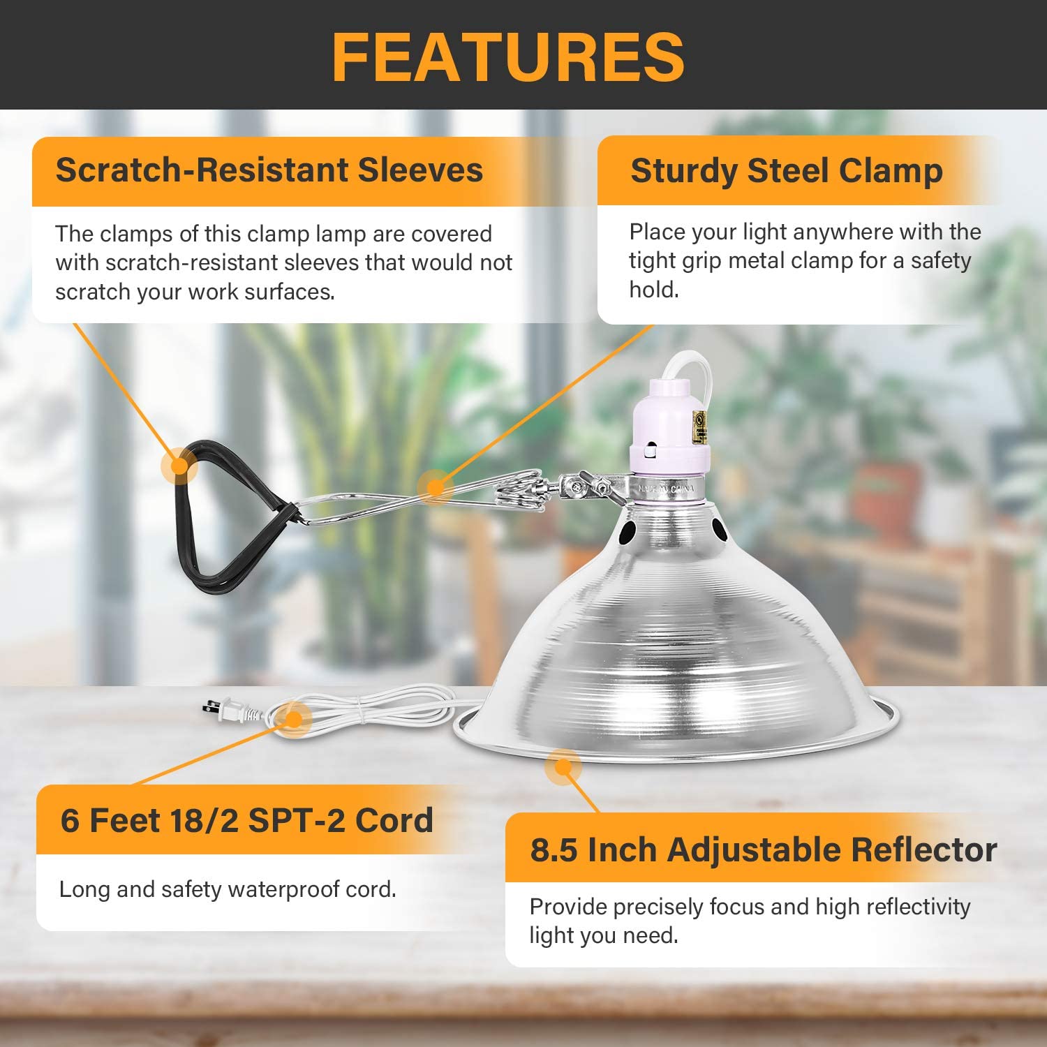 Simple Deluxe Clamp Lamp Light with 8.5 Inch Aluminum Reflector up to 150 Watt E26 Socket (no Bulb Included) 6 Feet 18/2 SPT-2 Cord, Silver and White, 2 Pack