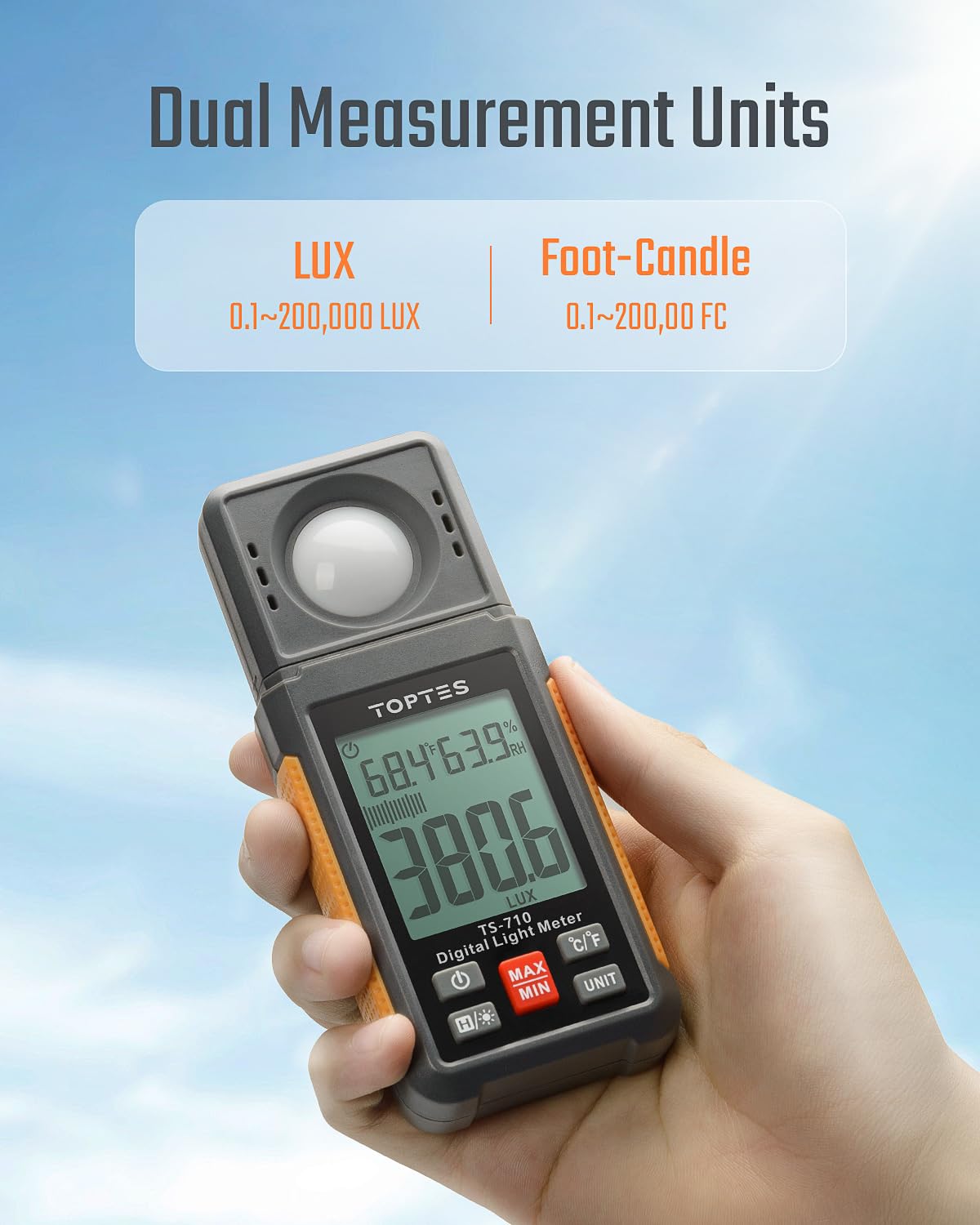 TopTes TS-710 Light Meter, Lux/Foot Candles Meter with 180º Rotating Sensor, 0.1~200,000 Lux Range, Large Backlit Display, Light Meter for Plants, Car Headlights, Home & Office LEDs (Includes Battery)