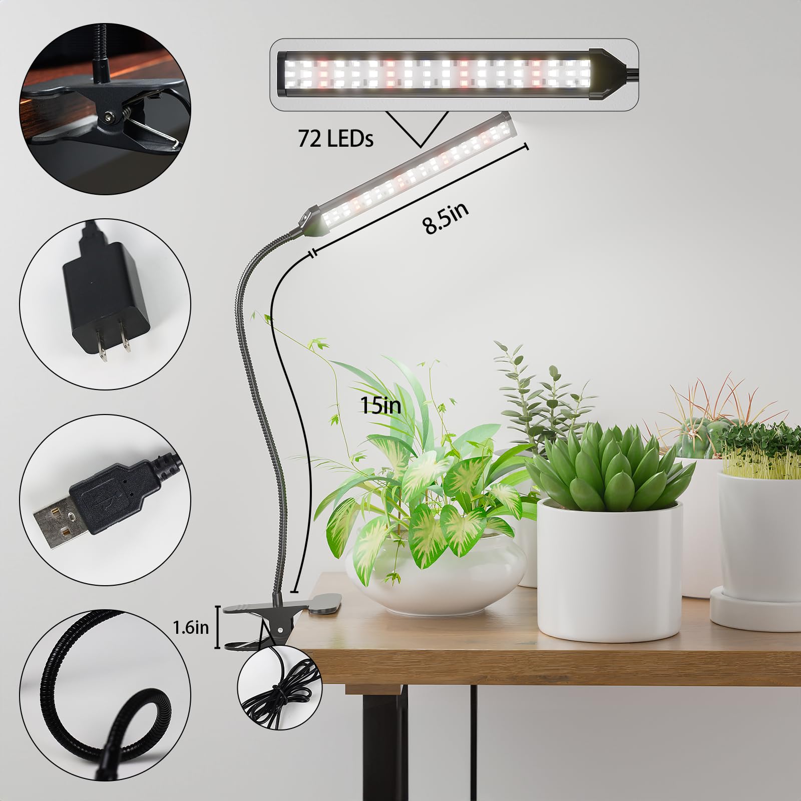 GooingTop Grow Light LED Gooseneck Lamp,6500K 50W Full Spectrum 72 LED Plant Lamp Clip-on Desk for Indoor Plants Growing,Lighting Brightness Changeable,Timer 4 8 12 18Hrs