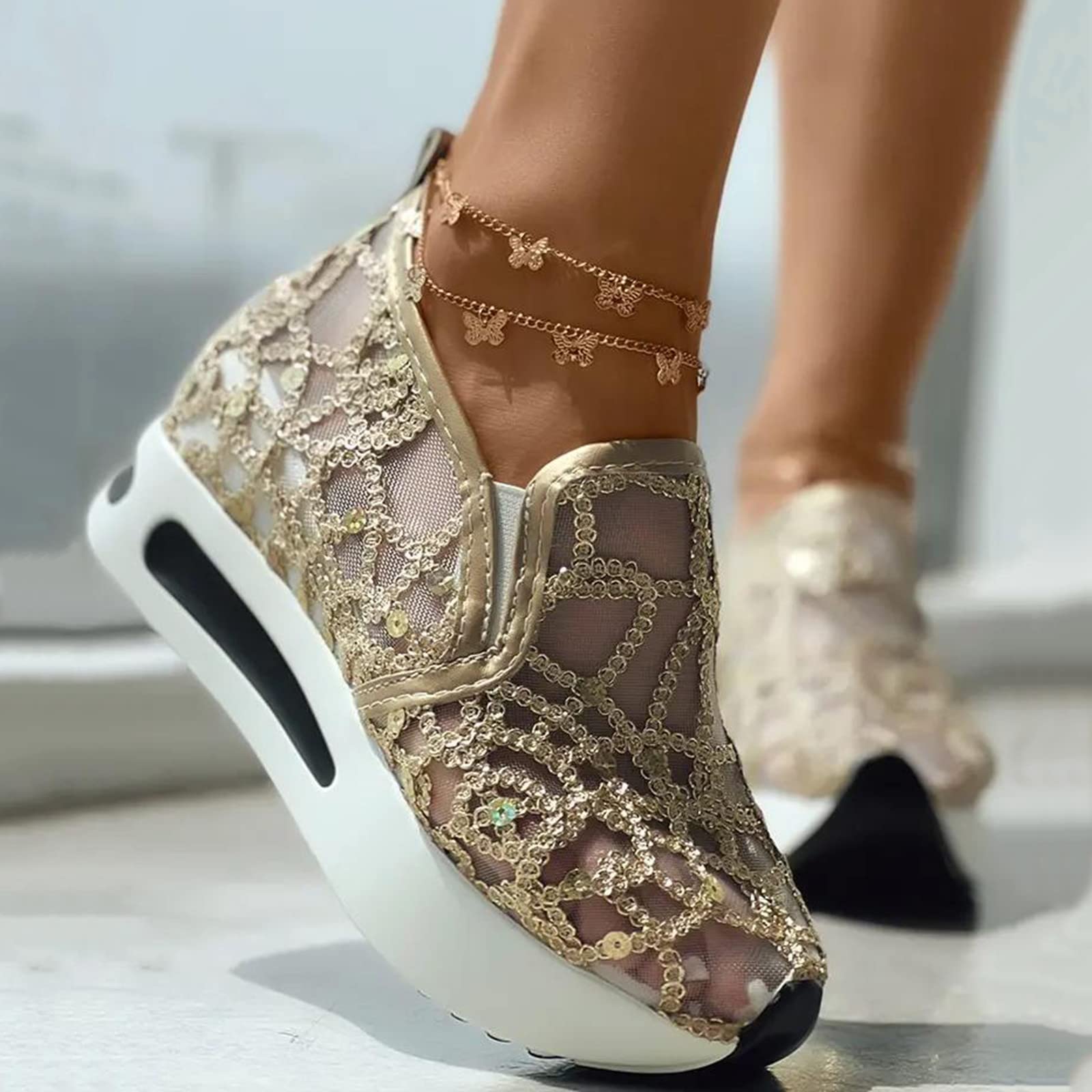 Binhyx Platform Wedge Fashion Sneakers for Women Rhinestones Sequin Lace Breath Mesh Air Cushion Chunky Bottom Hidden High Heels Slip On Loafers Comfort Walking Work Shoes Arch Support Gold