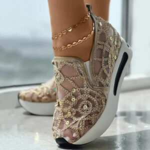 Binhyx Platform Wedge Fashion Sneakers for Women Rhinestones Sequin Lace Breath Mesh Air Cushion Chunky Bottom Hidden High Heels Slip On Loafers Comfort Walking Work Shoes Arch Support Gold