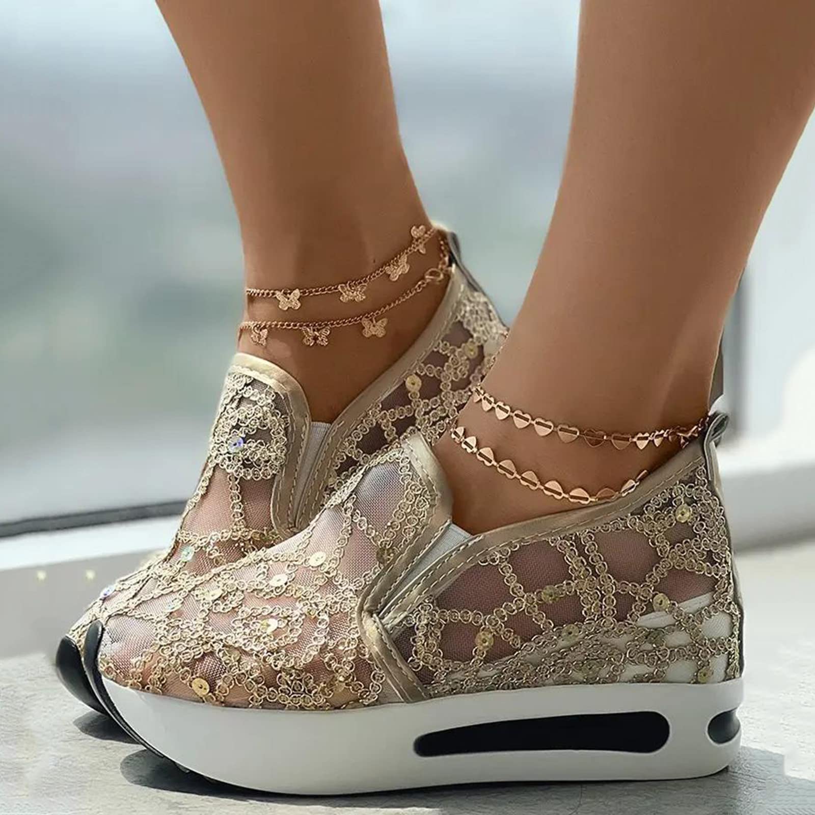 Binhyx Platform Wedge Fashion Sneakers for Women Rhinestones Sequin Lace Breath Mesh Air Cushion Chunky Bottom Hidden High Heels Slip On Loafers Comfort Walking Work Shoes Arch Support Gold