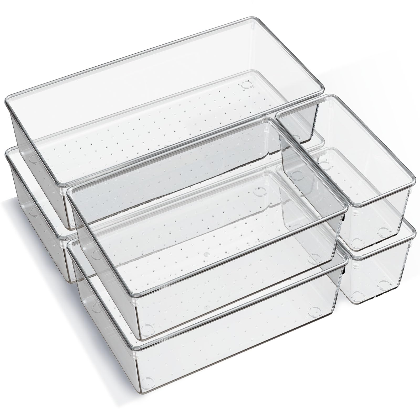 25PCS Extra Sturdy Clear Plastic Drawer Organizer Trays with 100pcs Non-Slip Pads, 4 Sizes Desk Drawer Divider Organizers and Storage Bins for Makeup, Bathroom, Office, Kitchen, Bedroom, Jewelry