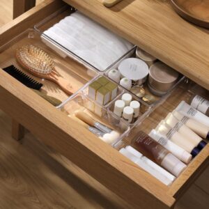 25PCS Extra Sturdy Clear Plastic Drawer Organizer Trays with 100pcs Non-Slip Pads, 4 Sizes Desk Drawer Divider Organizers and Storage Bins for Makeup, Bathroom, Office, Kitchen, Bedroom, Jewelry