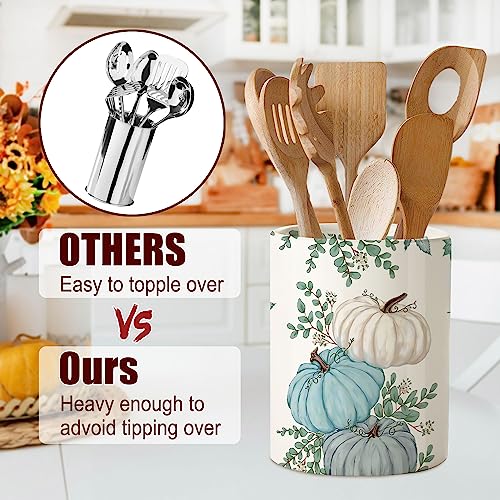 Thanksging Fall Utensil Holder Ceramic, Blue Utensil Holder for Kitchen Counter Countertop, Cooking Utensil Crock with Non-slip Mat, Pumpkins Farmhouse Kitchen Decor, Spatula Utensil Storage Organizer