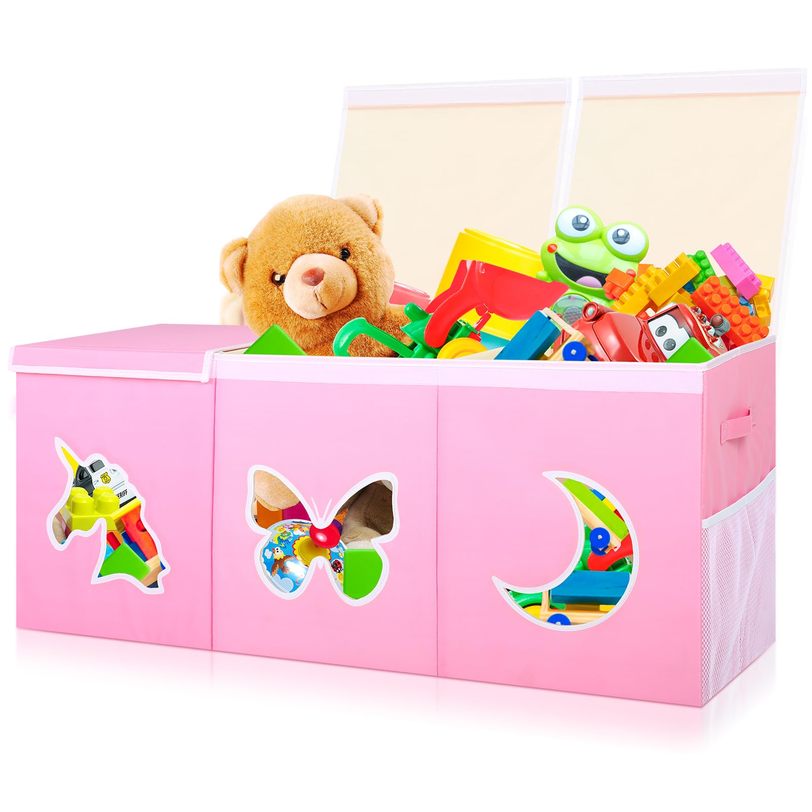 Geetery Extra Large Toy Chest Storage Box Girls Toy Storage Chest Unicorn Toy Organizer with Lid 40.4 x 14.0 x 16.3'' Collapsible Storage Bin with Handle and Mesh Pocket for Nursery Playroom Bedroom