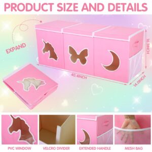 Geetery Extra Large Toy Chest Storage Box Girls Toy Storage Chest Unicorn Toy Organizer with Lid 40.4 x 14.0 x 16.3'' Collapsible Storage Bin with Handle and Mesh Pocket for Nursery Playroom Bedroom