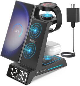 welgo wireless charger for samsung with alarm clock, 4 in 1 charging station for samsung s23 ultra/s22/note 10/z fold4/z flip4/iphone, for galaxy watch 5 pro/4/3 & samsung galaxy buds