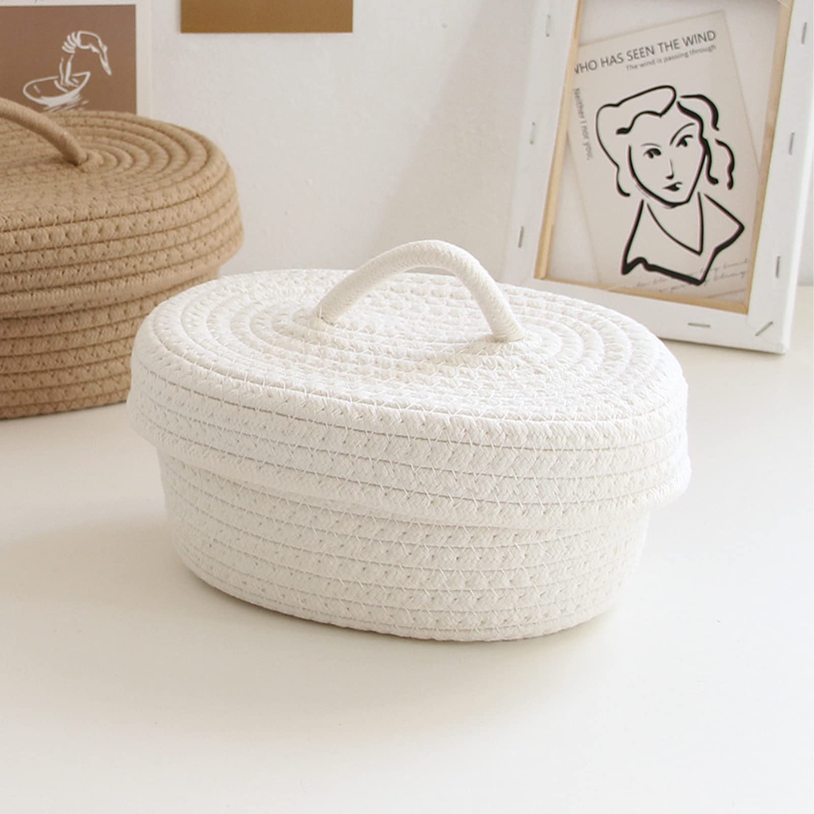 CHICIRIS Storage Bins,Desktop Storage Box with Lid Handmade Cotton Rope Storage Basket for Makeup Sundries Snack Need