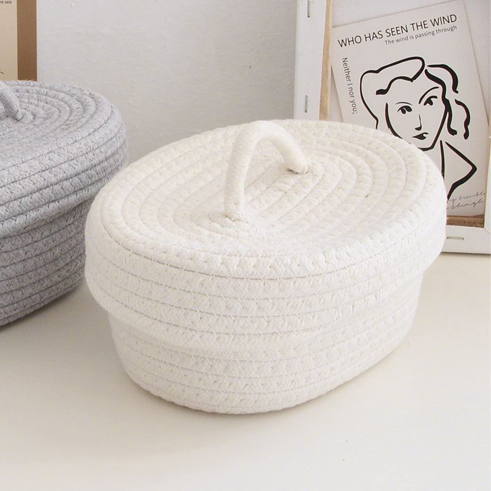 CHICIRIS Storage Bins,Desktop Storage Box with Lid Handmade Cotton Rope Storage Basket for Makeup Sundries Snack Need