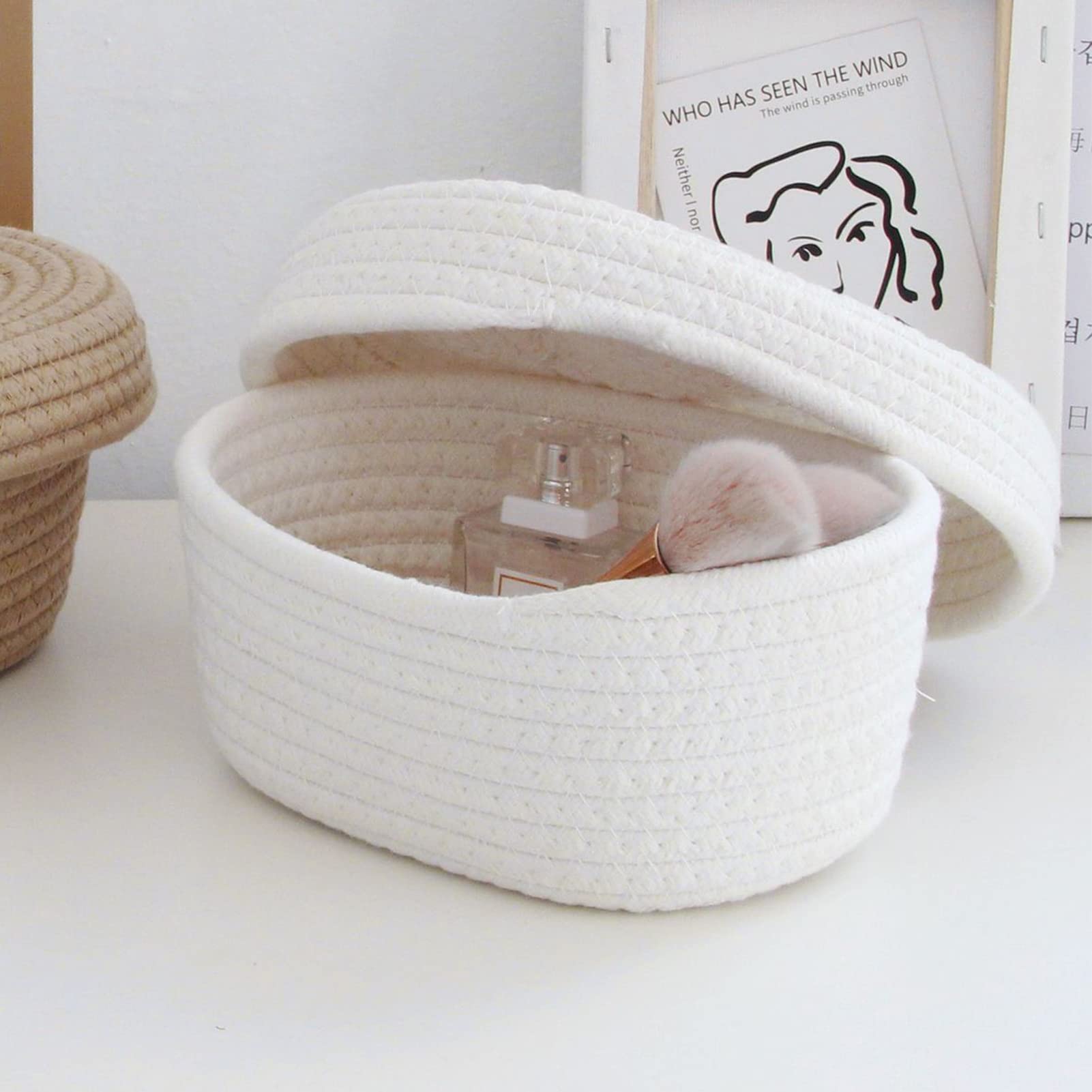 CHICIRIS Storage Bins,Desktop Storage Box with Lid Handmade Cotton Rope Storage Basket for Makeup Sundries Snack Need