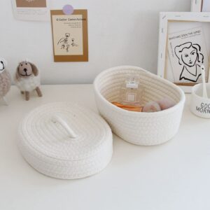 CHICIRIS Storage Bins,Desktop Storage Box with Lid Handmade Cotton Rope Storage Basket for Makeup Sundries Snack Need