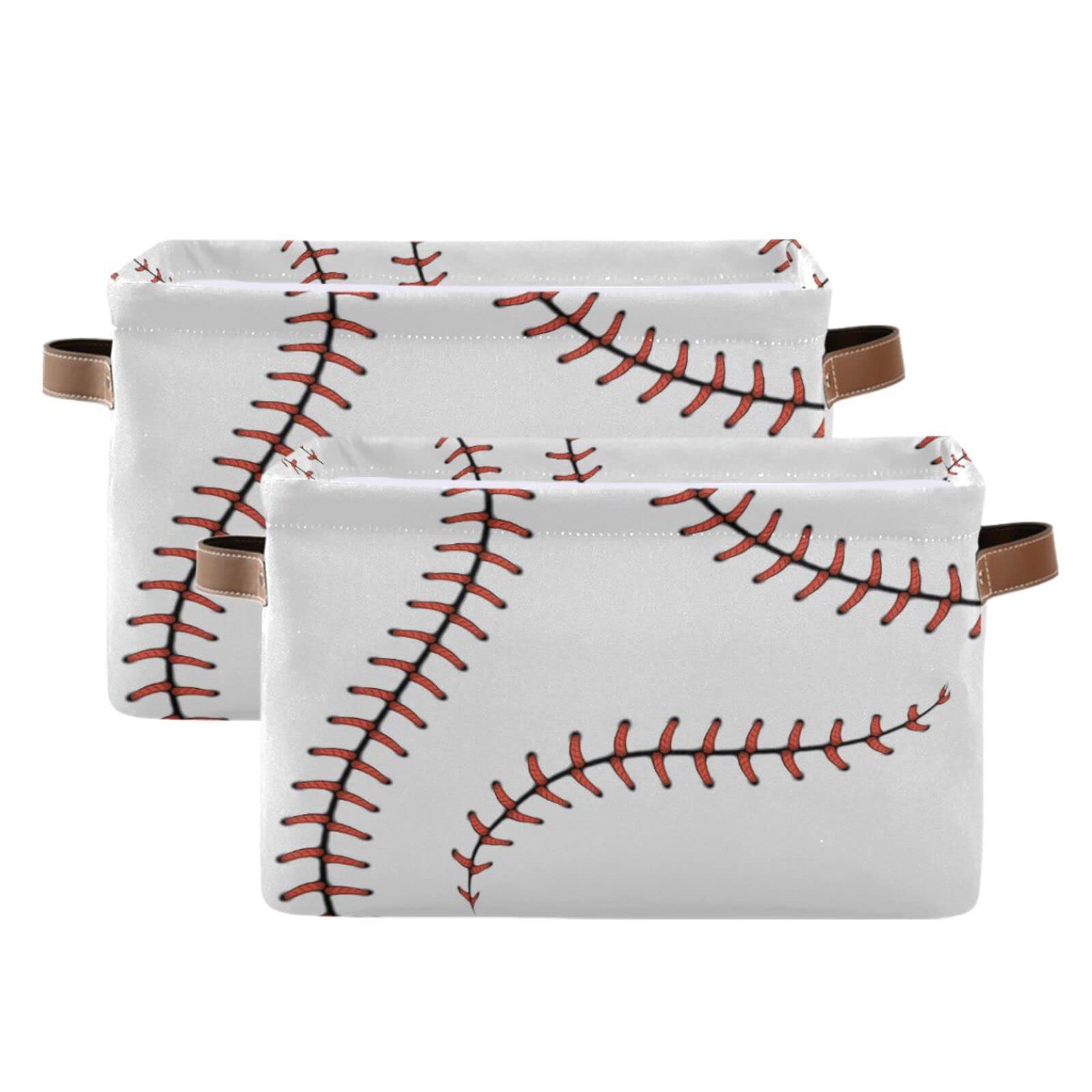 Baseball Stitches Storage Basket Bin Sport Softball Large Fabric Toys Storage Cube Box Set of 2 with Handles Collapsible Closet Shelf Cloth Organizer Basket for Nursery Bedroom Bathroom Playroom