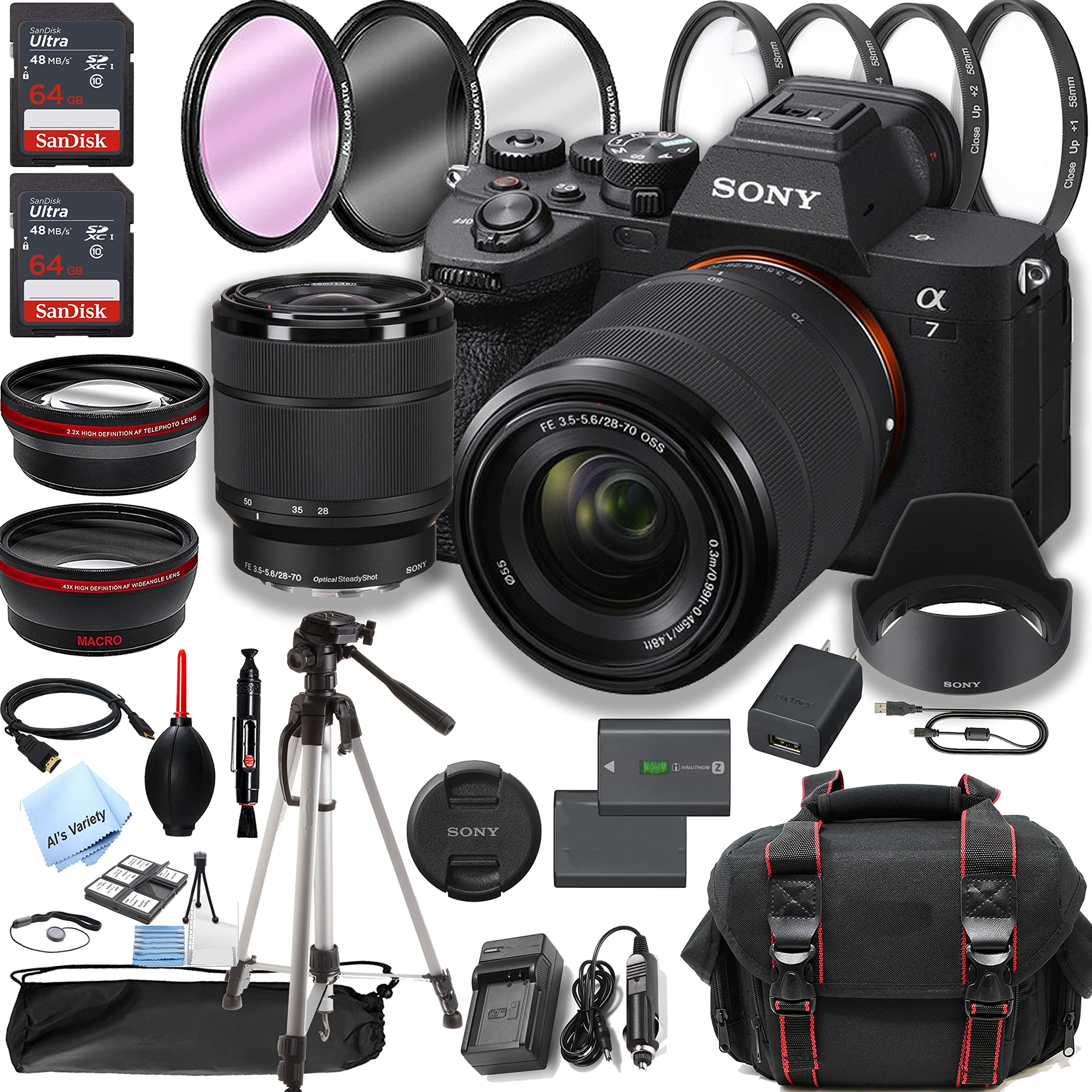 Sony a7 IV Mirrorless Digital Camera with 28-70mm Lens + 128GB Memory + Case + Tripod + Filters (38pc Bundle)