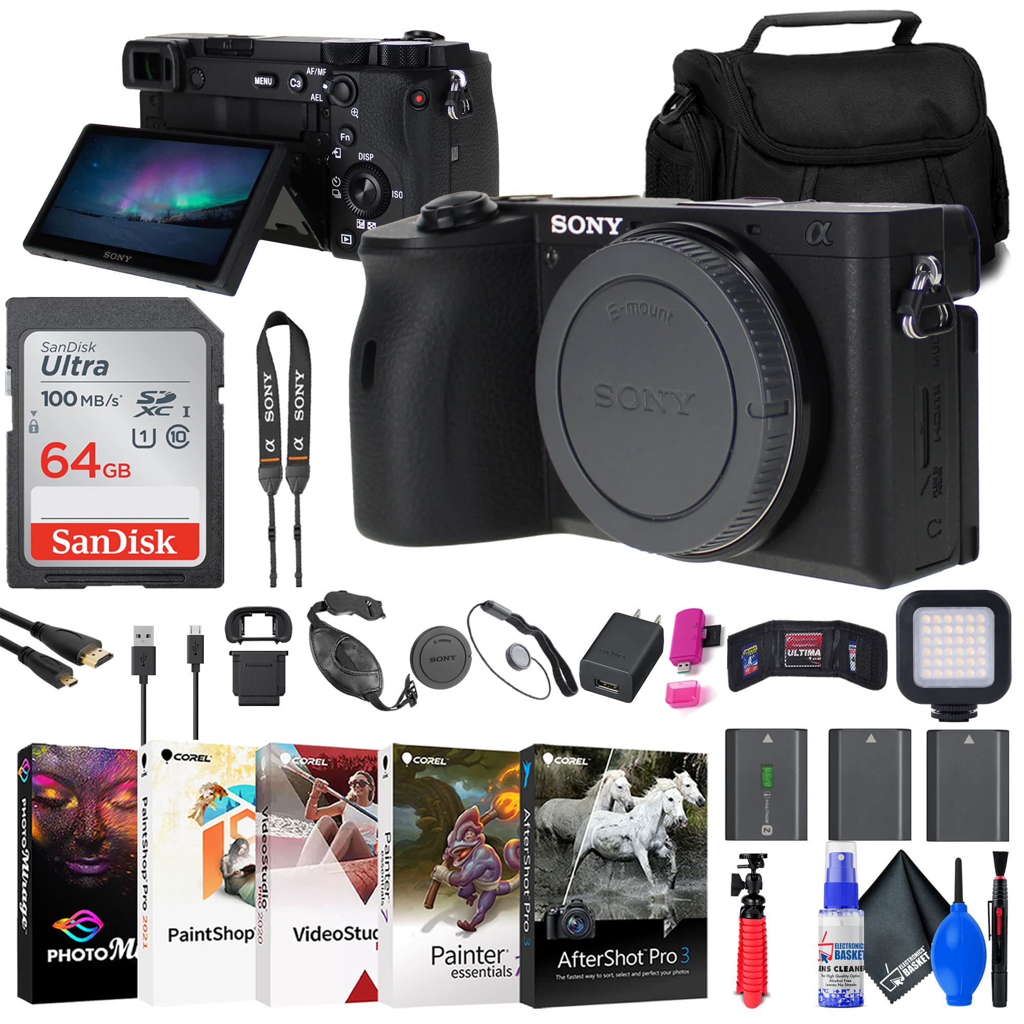 Sony a6600 Mirrorless Camera (ILCE6600/B) + 2 x NP-FZ100 Compatible Battery + 64GB Card + Card Reader + LED Light + Corel Photo Software + HDMI Cable + Case + Flex Tripod + Hand Strap + More (Renewed)