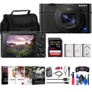 sony cyber-shot dsc-rx100 vii digital camera (dsc-rx100m7) + 64gb memory card + case + 2 x np-bx1 battery + card reader + led light + corel photo software + charger + flex tripod + more (renewed)