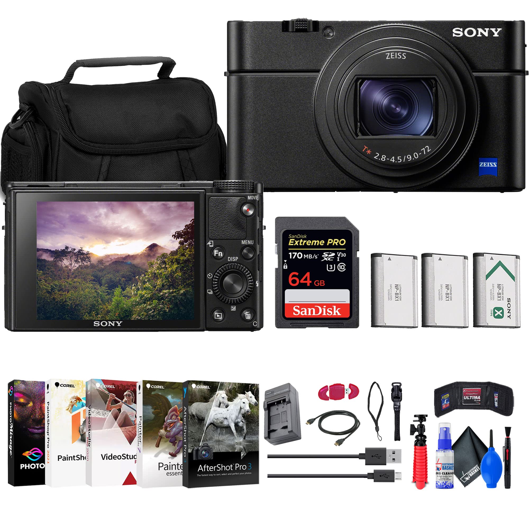 Sony Cyber-Shot DSC-RX100 VII Digital Camera (DSC-RX100M7) + 64GB Memory Card + Case + 2 x NP-BX1 Battery + Card Reader + LED Light + Corel Photo Software + Charger + Flex Tripod + More (Renewed)