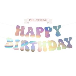 pre-strung happy birthday banner - no diy - iridescent birthday party banner - pre-strung garland on 8 ft strands - holographic shiny foil retro 70s birthday party decorations. did we mention no diy