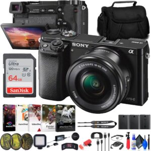 sony alpha a6000 mirrorless camera with 16-50mm lens (ilce6000l/b) + filter kit + 64gb card + 2 x npf-w50 battery + card reader + led light + corel photo software + case + flex tripod + more (renewed)