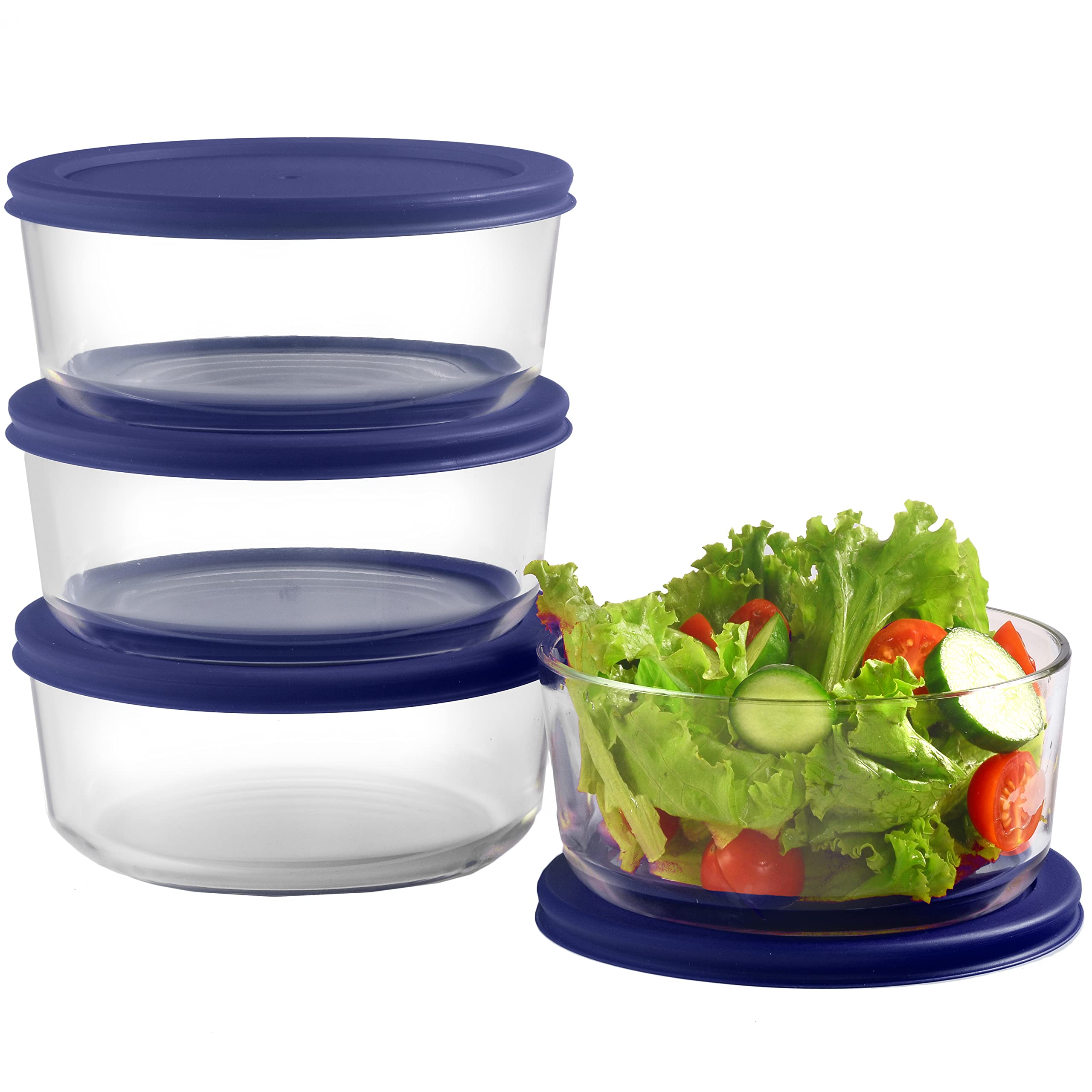 BOVADO USA 4 Cup Glass Food Storage Containers (4 Pack) | Nonpourous Dishwasher, Freezer & Oven Safe Glass, Easy-Clean | Blue Lids