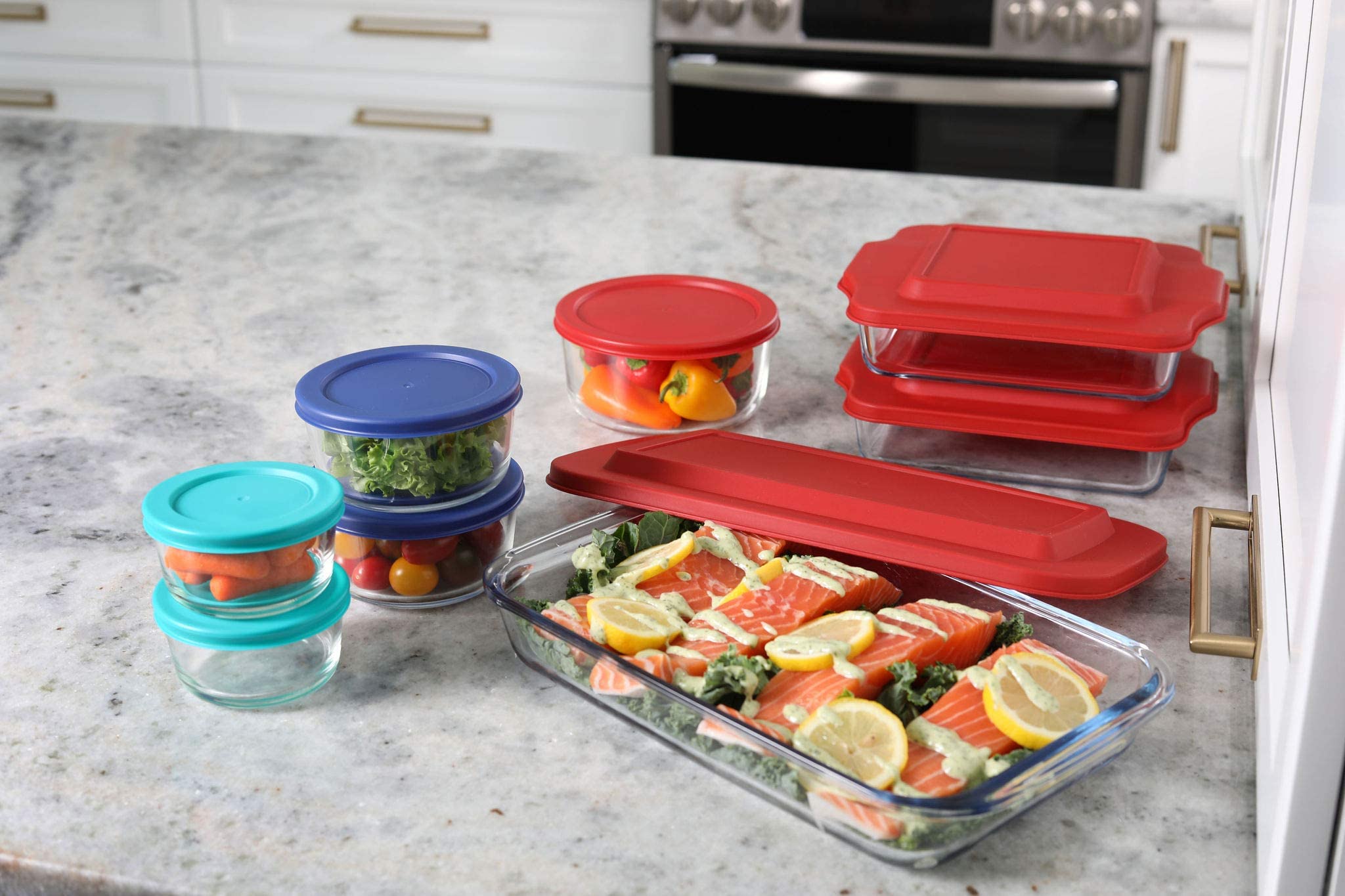 BOVADO USA 4 Cup Glass Food Storage Containers (4 Pack) | Nonpourous Dishwasher, Freezer & Oven Safe Glass, Easy-Clean | Blue Lids