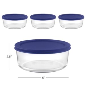 BOVADO USA 4 Cup Glass Food Storage Containers (4 Pack) | Nonpourous Dishwasher, Freezer & Oven Safe Glass, Easy-Clean | Blue Lids