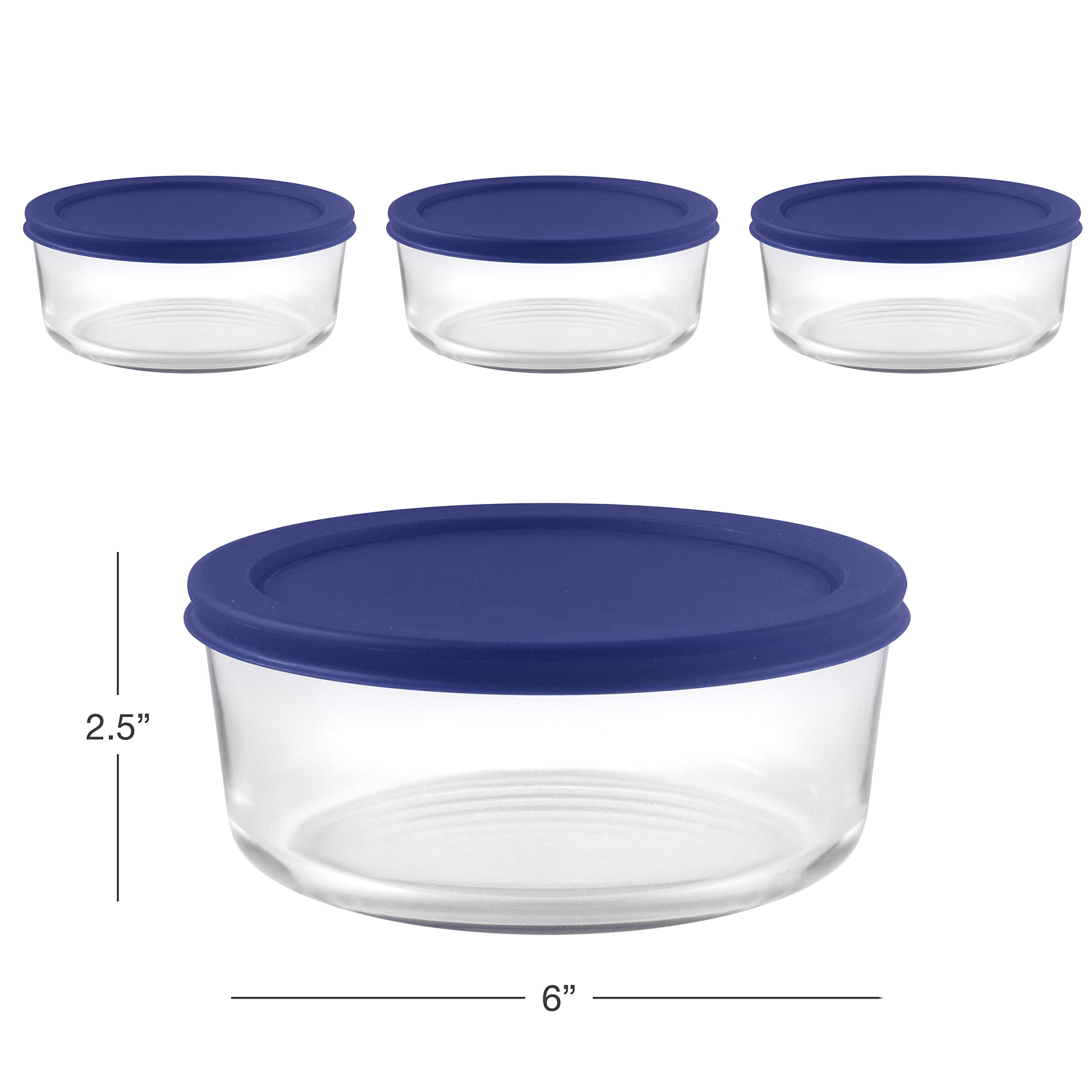 BOVADO USA 4 Cup Glass Food Storage Containers (4 Pack) | Nonpourous Dishwasher, Freezer & Oven Safe Glass, Easy-Clean | Blue Lids