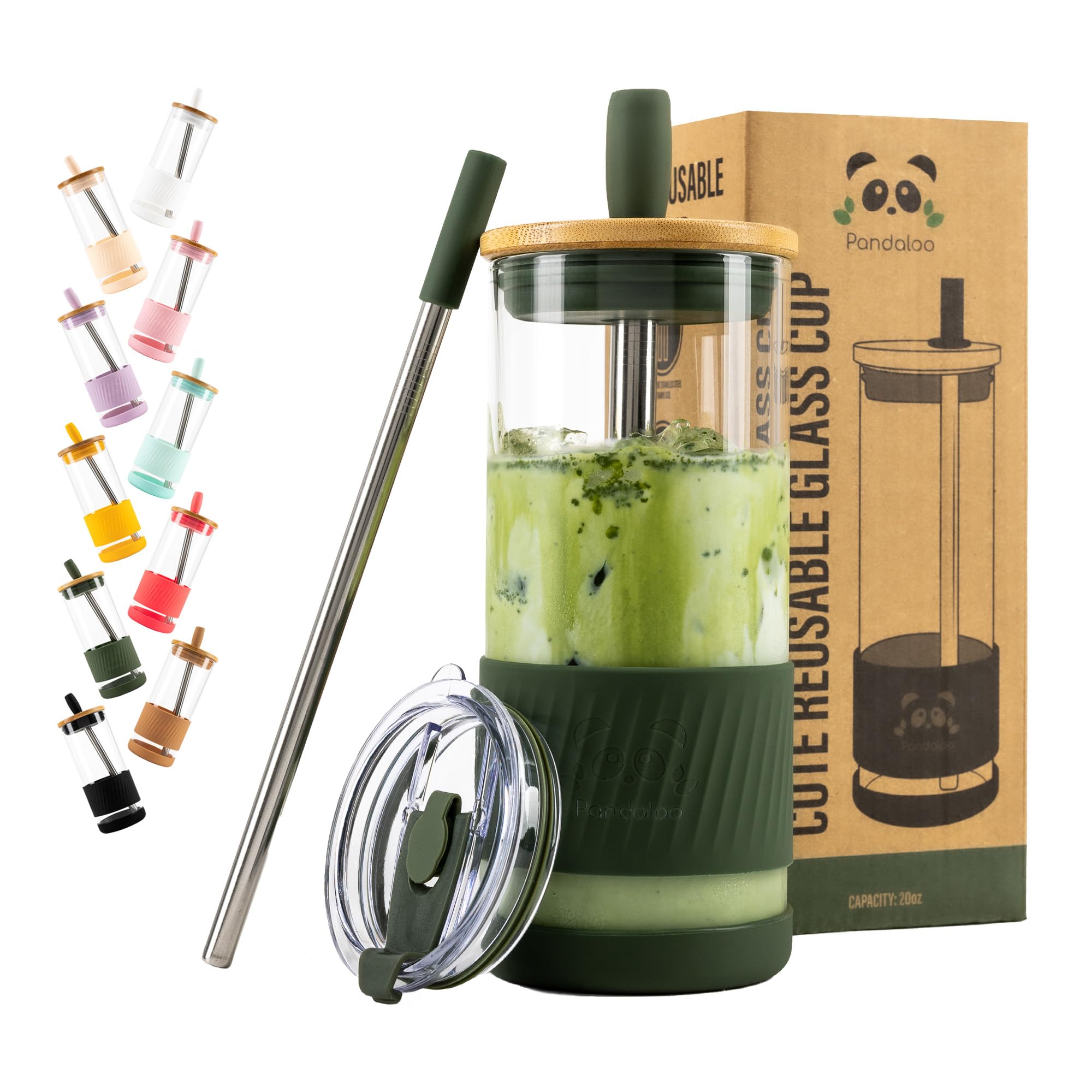 Pandaloo Glass Cups With Lids and Straws -20 Fl Oz- Perfect for Iced Coffee, Smoothie Cup With Bamboo Lid and On the go Lid (1 Count (Pack of 1), Mediterranean Olive)