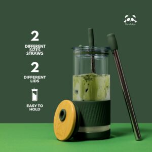 Pandaloo Glass Cups With Lids and Straws -20 Fl Oz- Perfect for Iced Coffee, Smoothie Cup With Bamboo Lid and On the go Lid (1 Count (Pack of 1), Mediterranean Olive)