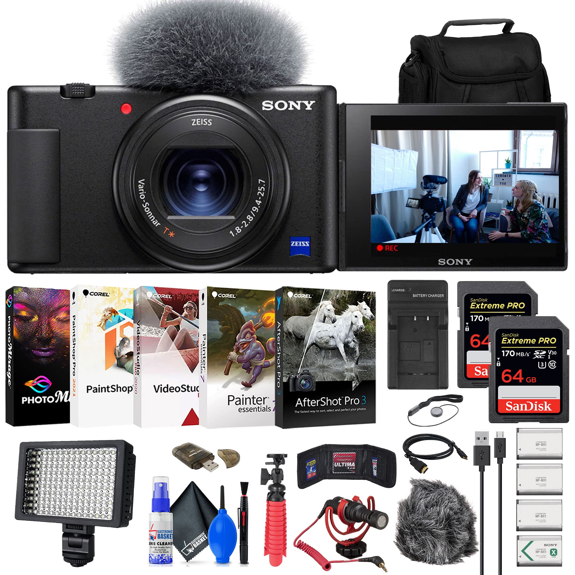 Sony ZV-1 Digital Camera (Black) (DCZV1/B) + 2 x 64GB Memory Card + Case + 3 x NP-BX1 Battery + Card Reader + LED Light + Corel Photo Software + Rode Compact Mic + Charger + More (Renewed)