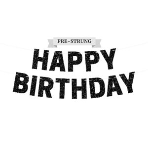 pre-strung happy birthday banner - no diy - black glitter birthday party banner - pre-strung garland on 8 ft strands - black birthday party decorations & decor for men & women. did we mention no diy