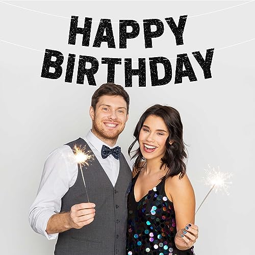 Pre-Strung Happy Birthday Banner - NO DIY - Black Glitter Birthday Party Banner - Pre-Strung Garland on 8 ft Strands - Black Birthday Party Decorations & Decor for Men & Women. Did we mention no DIY