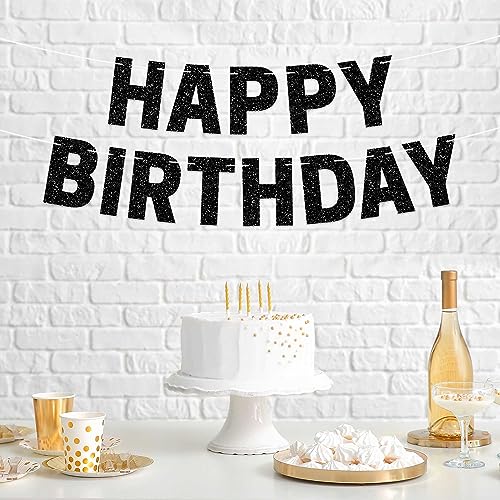 Pre-Strung Happy Birthday Banner - NO DIY - Black Glitter Birthday Party Banner - Pre-Strung Garland on 8 ft Strands - Black Birthday Party Decorations & Decor for Men & Women. Did we mention no DIY