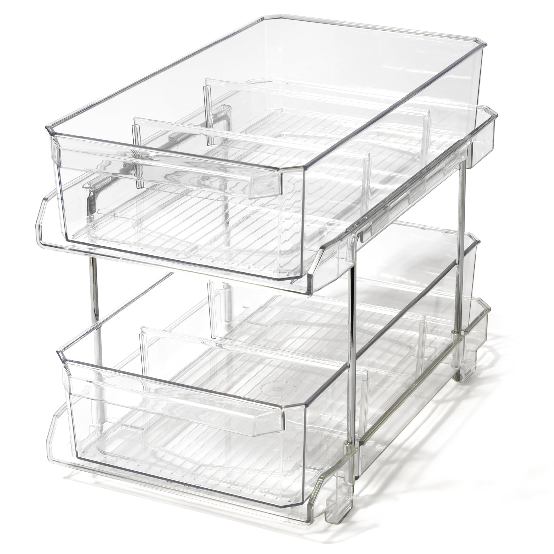 BINO 2 Tier Clear Storage Organizer with Dividers | Slide Out Drawer for Under Sink or Medicine Cabinet | Bathroom Closet, Vanity, Pantry Organizer | Under Cabinet Storage for Bathroom and Kitchen