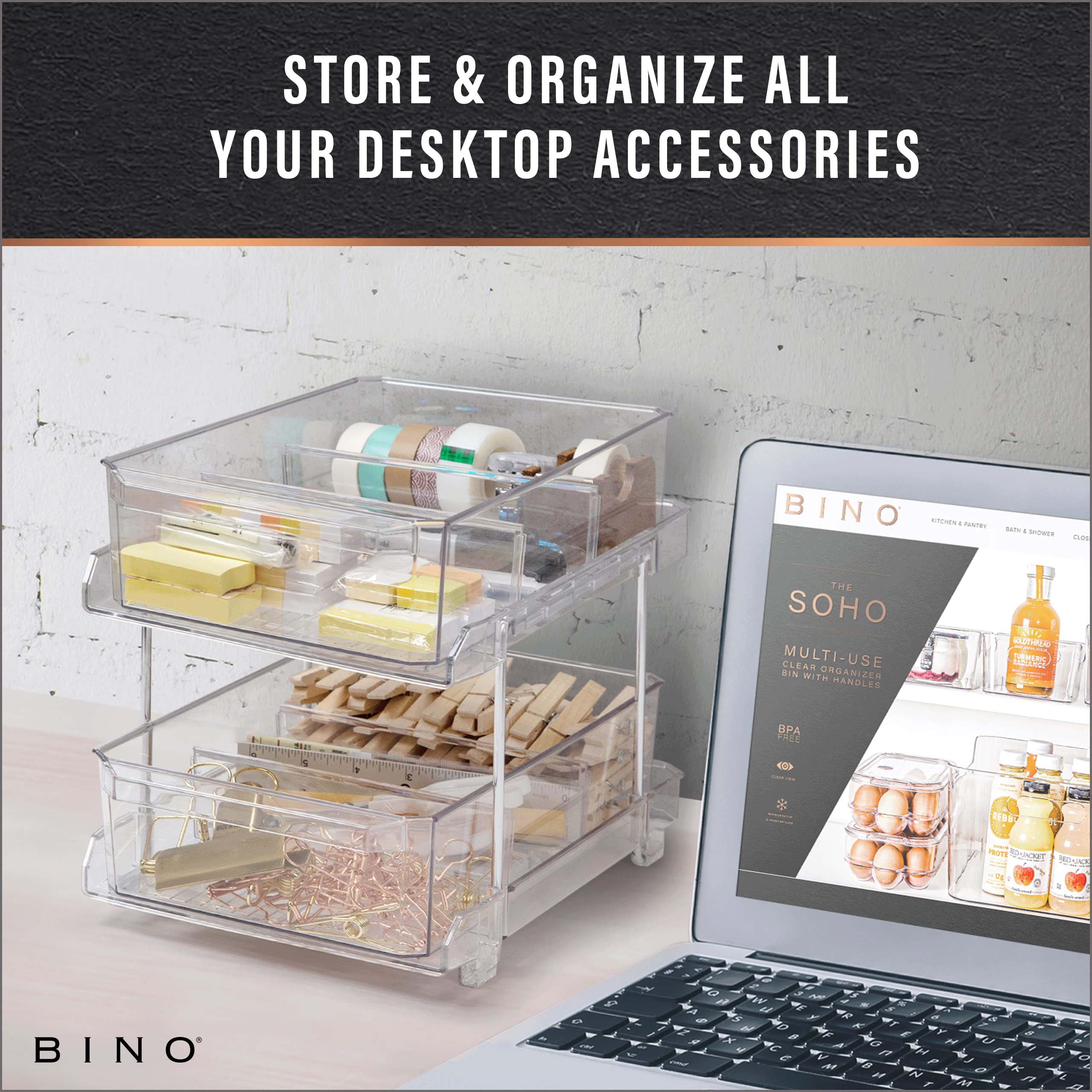 BINO 2 Tier Clear Storage Organizer with Dividers | Slide Out Drawer for Under Sink or Medicine Cabinet | Bathroom Closet, Vanity, Pantry Organizer | Under Cabinet Storage for Bathroom and Kitchen