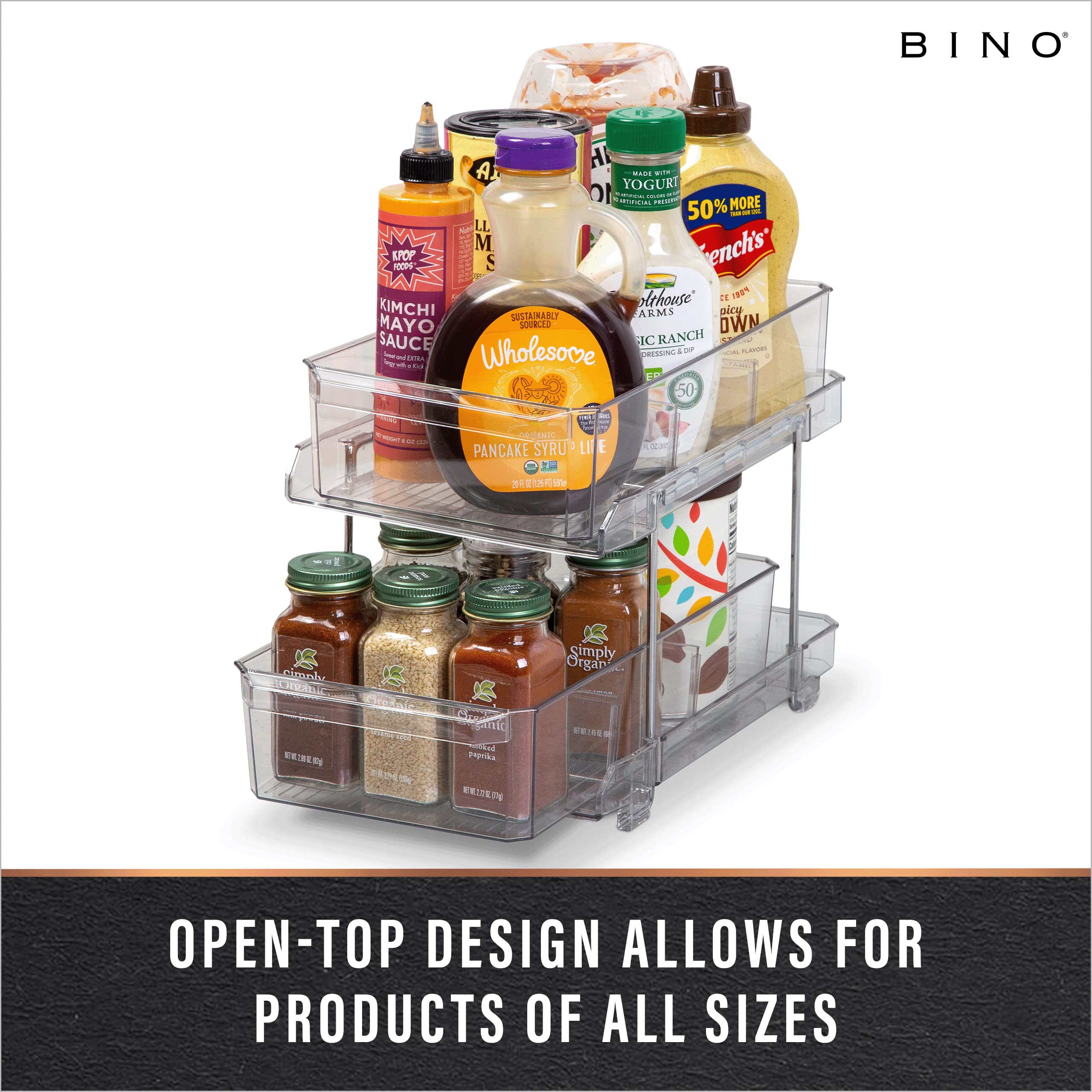 BINO 2 Tier Clear Storage Organizer with Dividers | Slide Out Drawer for Under Sink or Medicine Cabinet | Bathroom Closet, Vanity, Pantry Organizer | Under Cabinet Storage for Bathroom and Kitchen