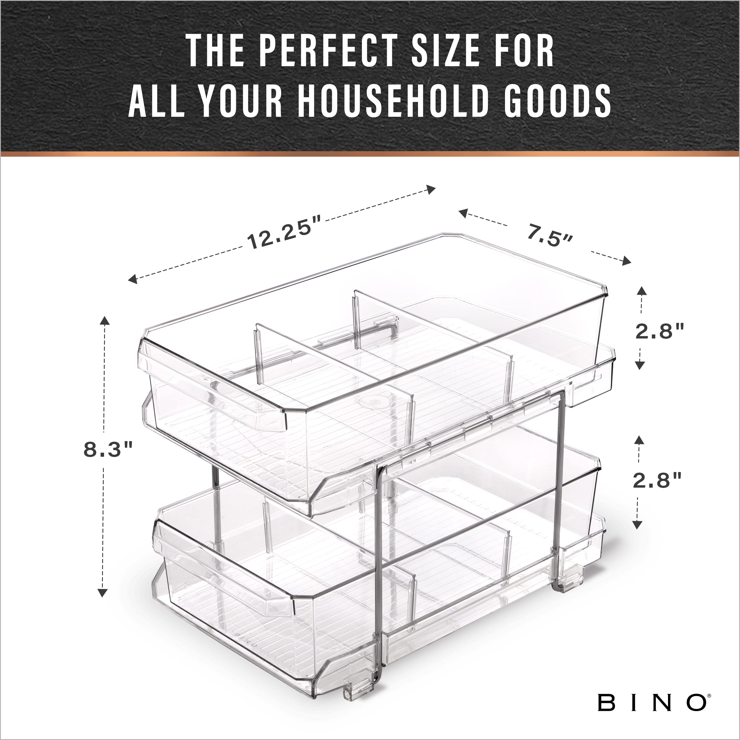 BINO 2 Tier Clear Storage Organizer with Dividers | Slide Out Drawer for Under Sink or Medicine Cabinet | Bathroom Closet, Vanity, Pantry Organizer | Under Cabinet Storage for Bathroom and Kitchen