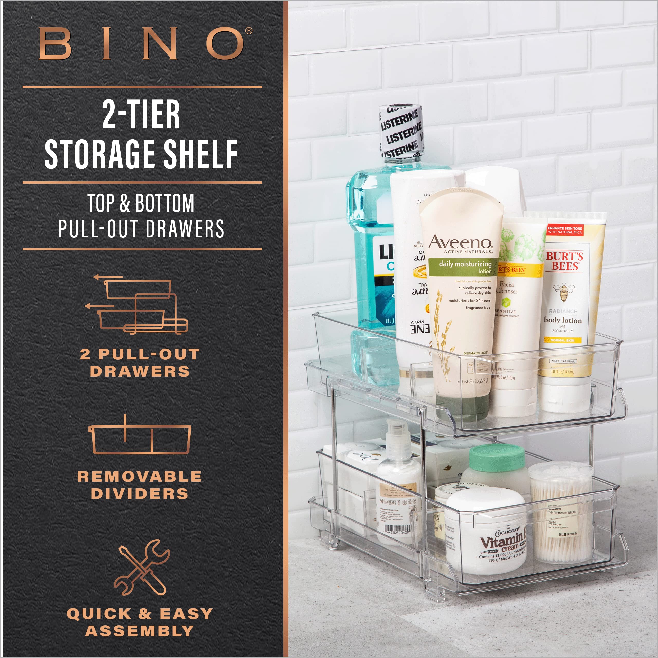 BINO 2 Tier Clear Storage Organizer with Dividers | Slide Out Drawer for Under Sink or Medicine Cabinet | Bathroom Closet, Vanity, Pantry Organizer | Under Cabinet Storage for Bathroom and Kitchen