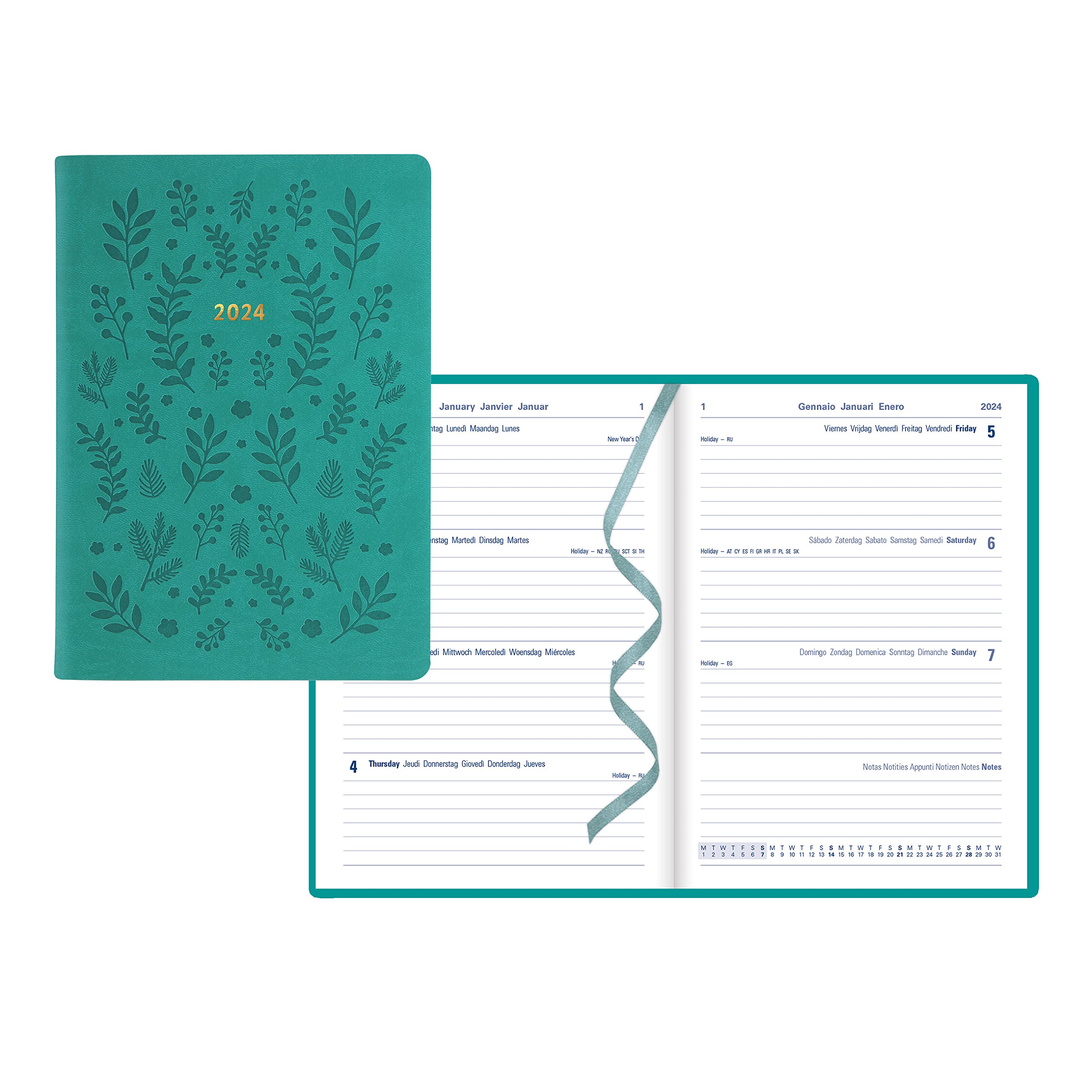 Letts of London Woodland Weekly Planner, 12 Months, January to December, 2024, A5 Size, 8.25" x 5.875", Multilingual, Green (C082161-24)