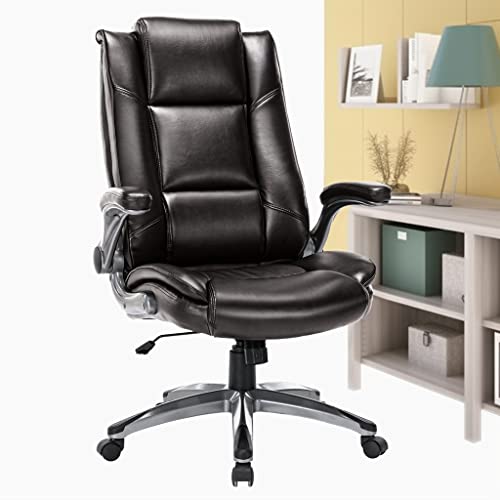 COLAMY Office Chair High Back Executive Leather Desk Chair, Ergonomic Flip Arms Adjustable Swivel Thick Padding Home Office - Brown