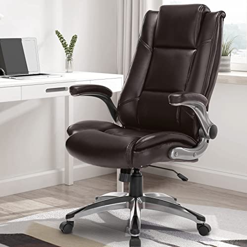 COLAMY Office Chair High Back Executive Leather Desk Chair, Ergonomic Flip Arms Adjustable Swivel Thick Padding Home Office - Brown