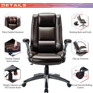 COLAMY Office Chair High Back Executive Leather Desk Chair, Ergonomic Flip Arms Adjustable Swivel Thick Padding Home Office - Brown