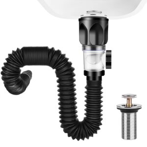 no need tools easy install bathroom sink drain kit, 3 in 1 plumbing, fits for 1-1/4'' & 1-1/2'' drain hole, rv bathroom sink drain strainer cover stopper p trap flex-drain drainage pipe drain pipe