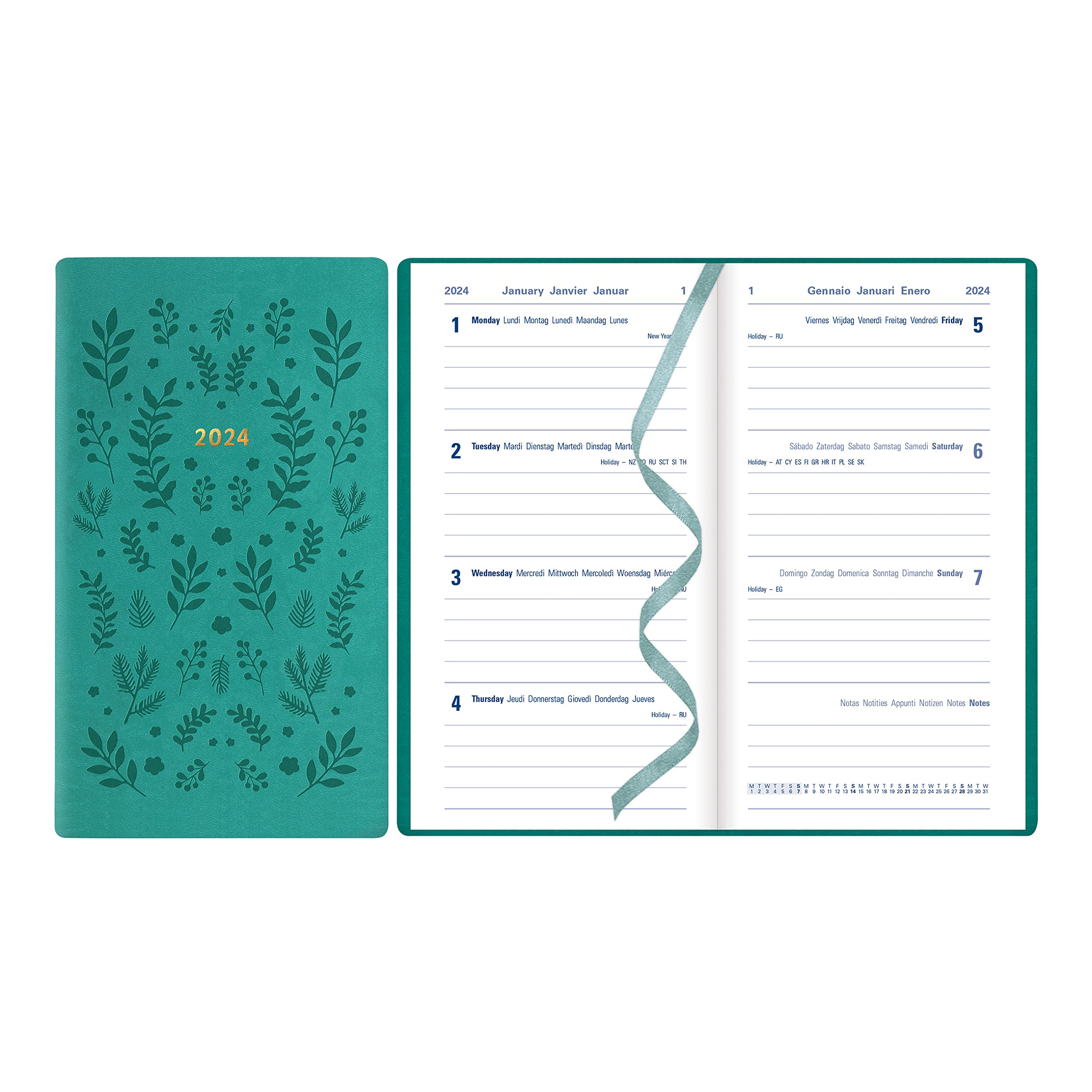 Letts of London Woodland Weekly Planner, 12 Months, January to December, 2024, Pocket Size, 5.875" x 3.125", Multilingual, Green (C082173-24)